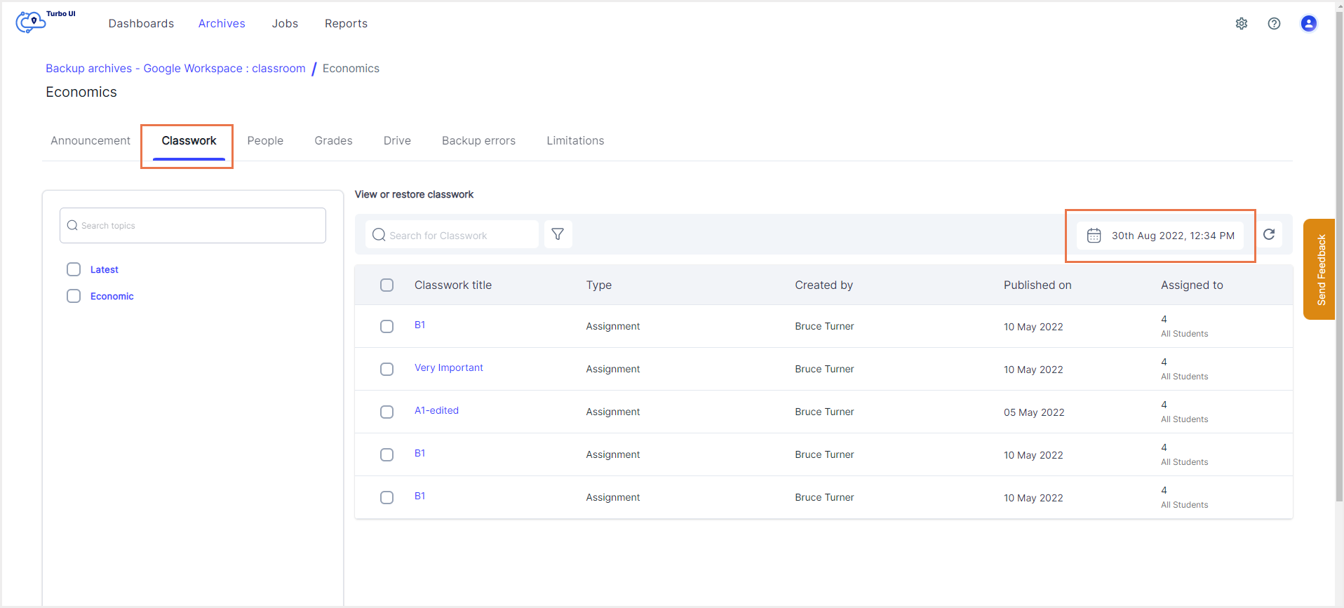 How to export Google Classroom Classwork data from the SysCloud backup application?